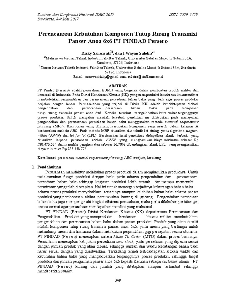 Perencanaan Kebutuhan Komponen Tutup Ruang Transmisi Panser Anoa 6x6 PT ...