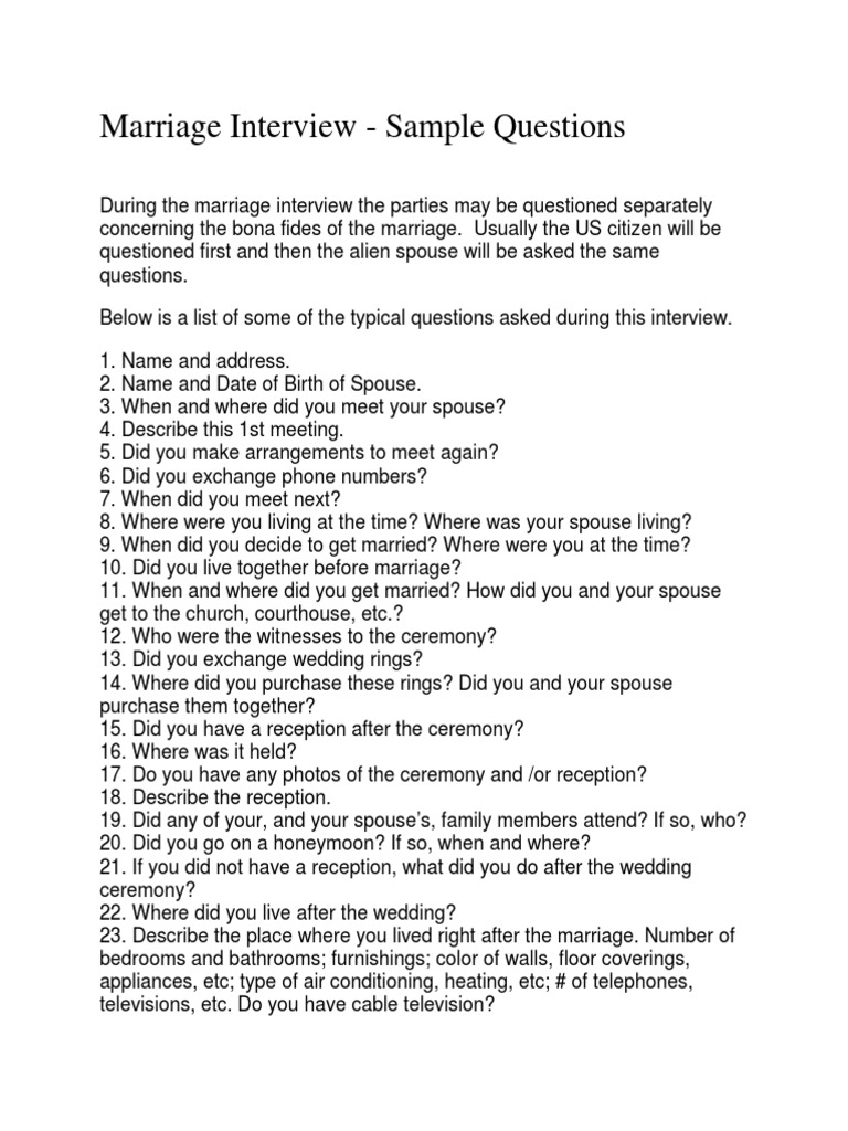 Sample Immigration Marriage Interview Questions | PDF | Marriage | Meal