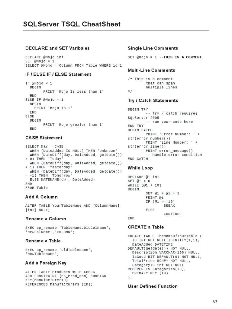 SQLServer TSQL CheatSheet | PDF | Sql | Data Management Software SQLServer TSQL CheatSheet | PDF | Sql | Data Management Software