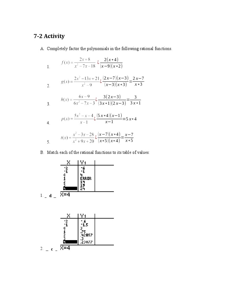 Factoring Rational Functions Activity | PDF