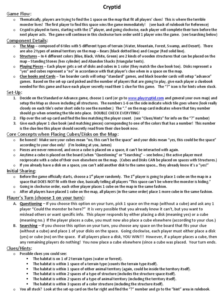 Cryptid Board Game Rules Overview | PDF