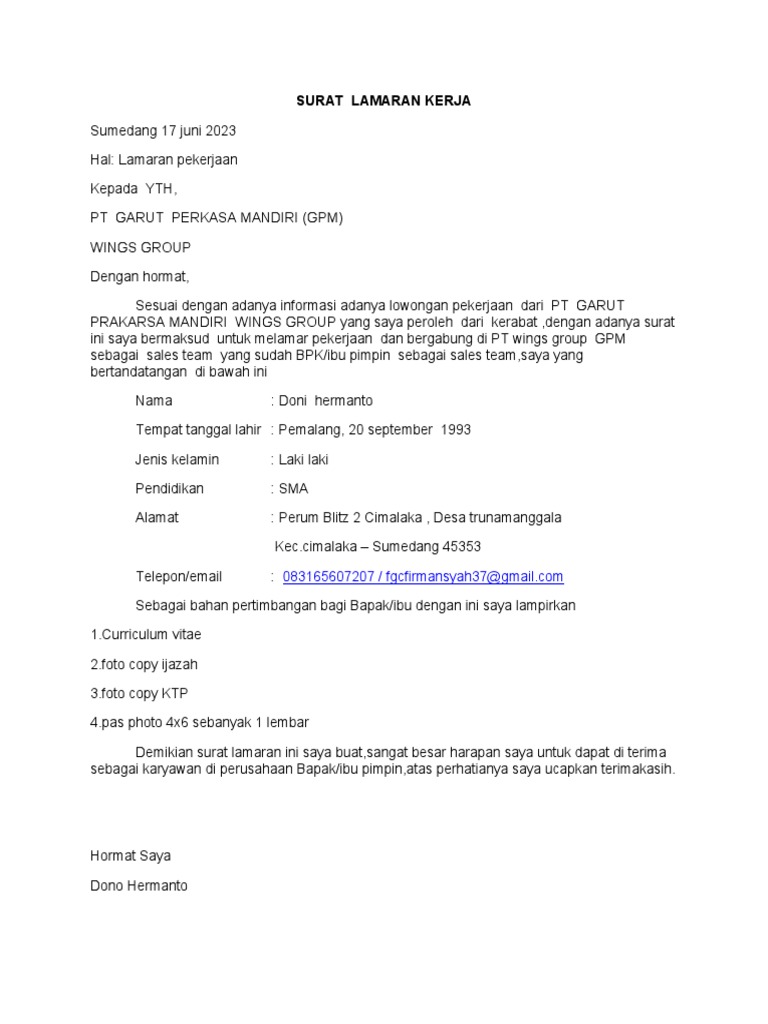 Surat Lamaran Kerja Doni Hermanto | PDF