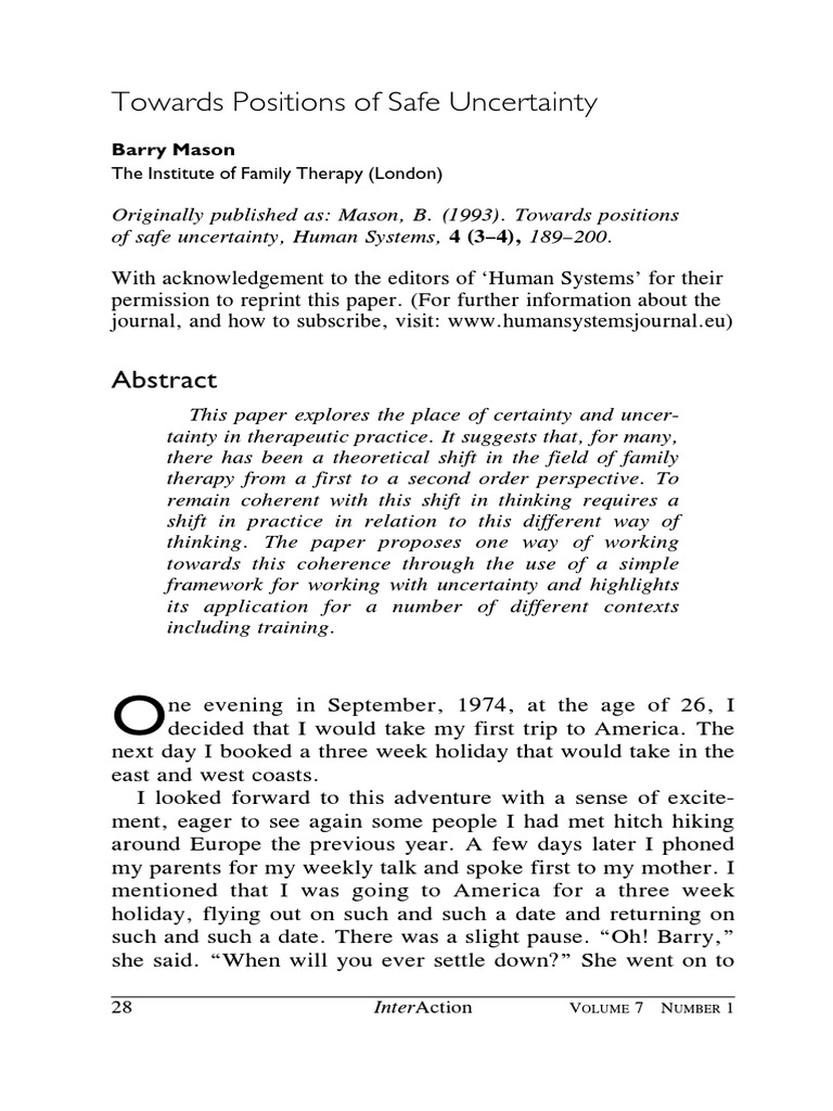 Mason - Towards Positions of Safe Uncertainty | PDF | Psychotherapy ...