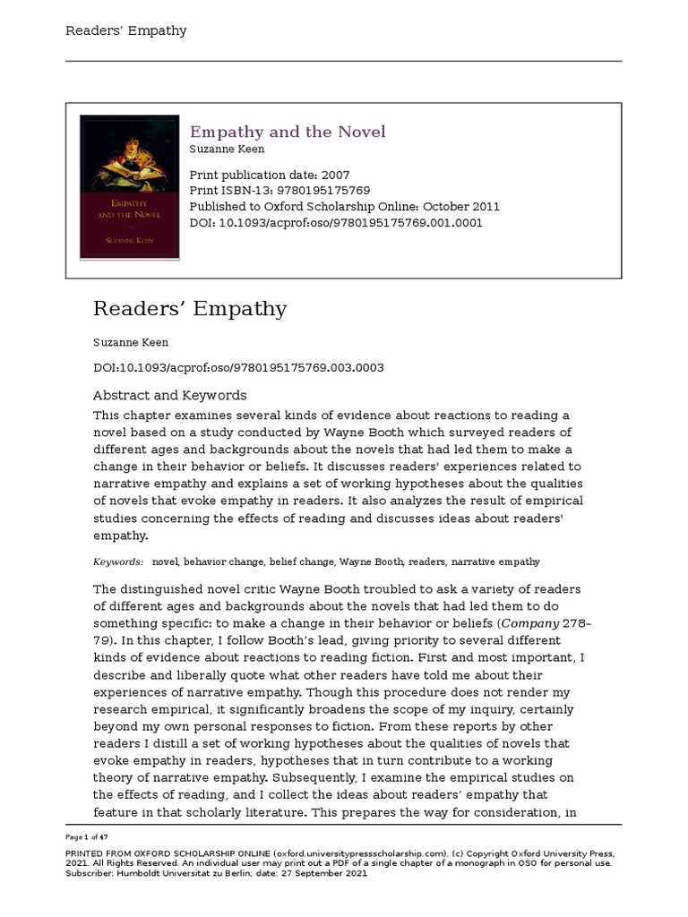 Empathy and The Novel-Readers Empathy | PDF | Empathy | Feeling