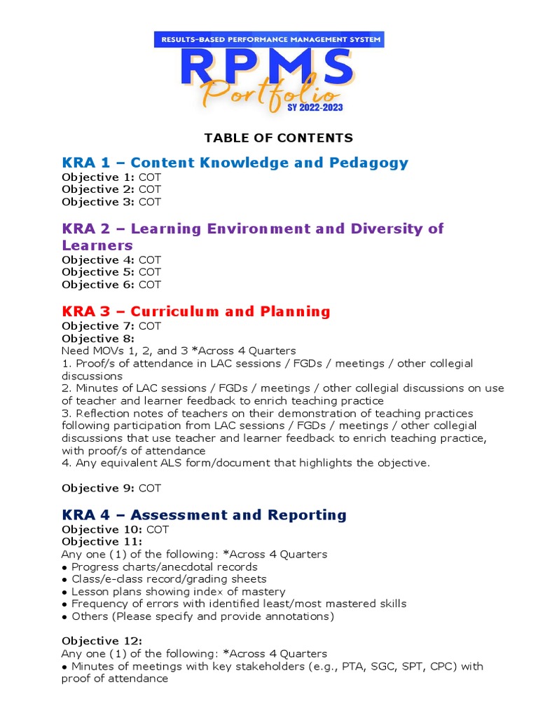 KRA Objectives and MOVs for Teachers | PDF | Teachers | Learning
