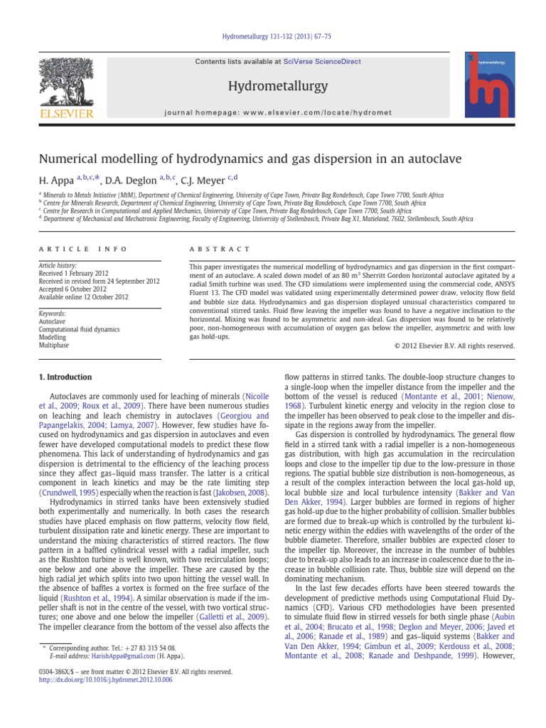 Numerical Modelling of Hydrodynamics and Gas Dispersion in An Autoclave - Appa Et Al 2013-1 ...