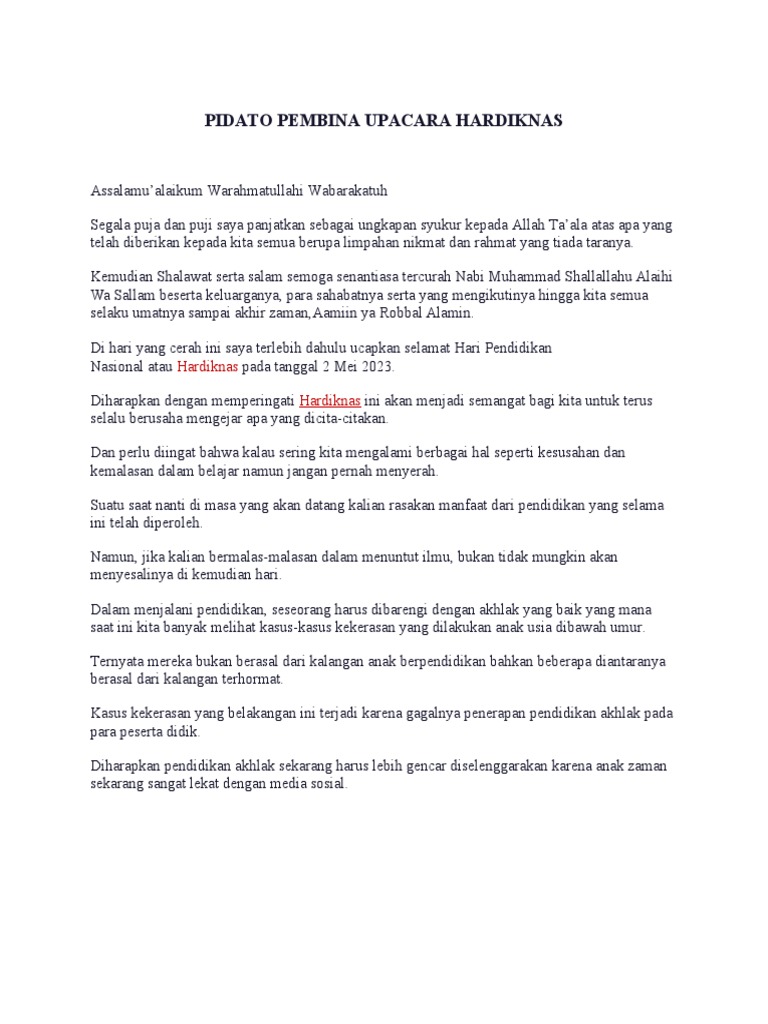 Contoh Pidato Pembina Upacara Hardiknas | PDF