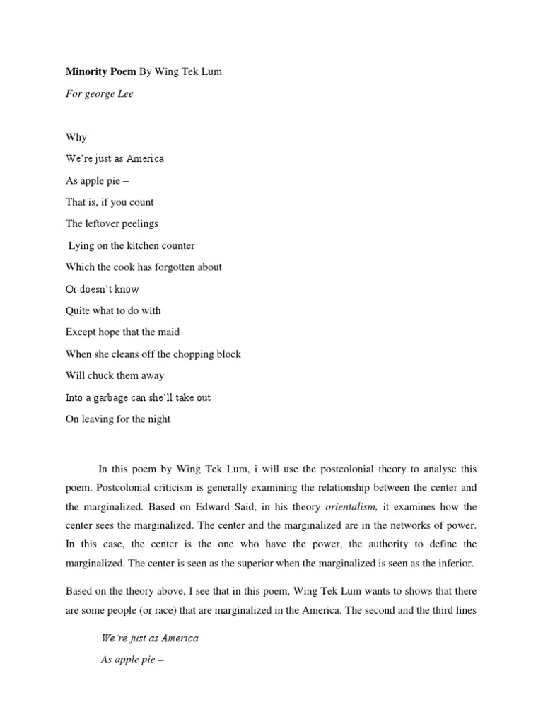 Analyzing Wing Tek Lum's Minority Poem | PDF | Postcolonialism