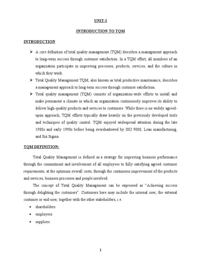 TQM Unit-I | PDF | Quality (Business) | Quality Management