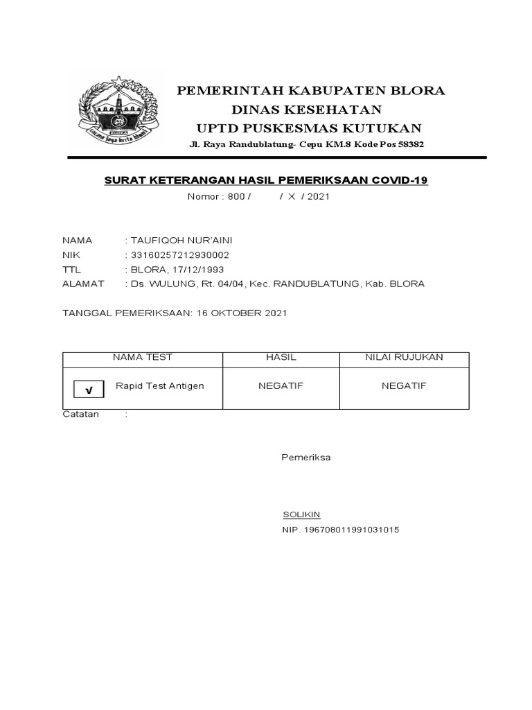 SURAT PEMERIKSAAN RAPID ANTIGEN | PDF