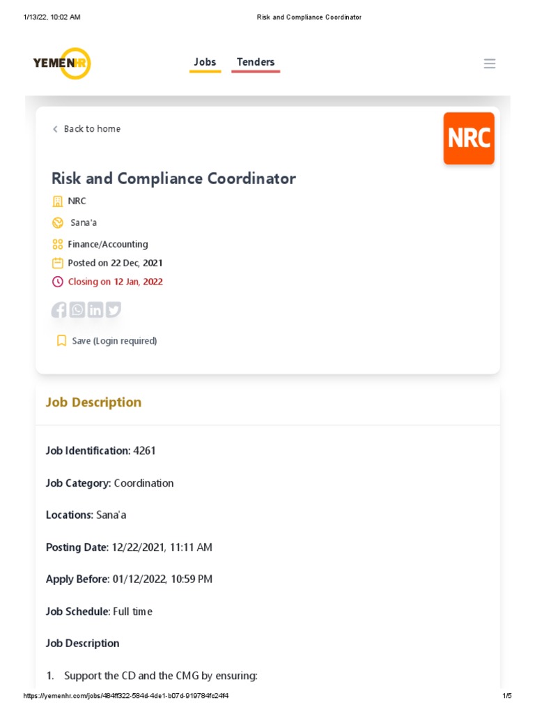 Risk and Compliance Coordinator-NRC | PDF | Regulatory Compliance | Risk Management