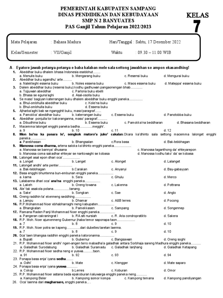 Soal Pas Kls 7 - smt.1. Badar | PDF