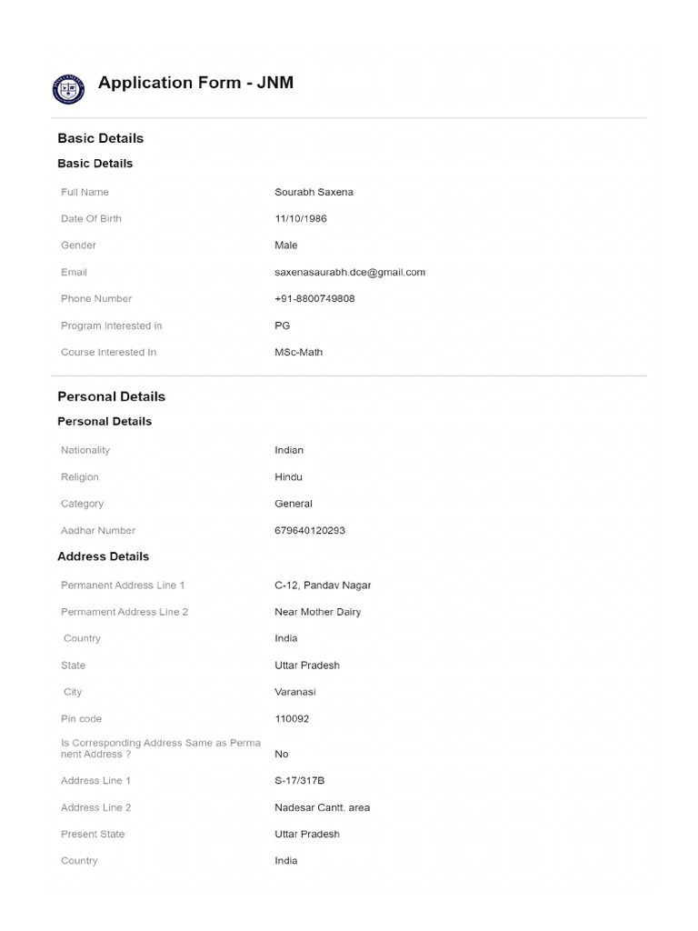 Application Form - JNM | PDF