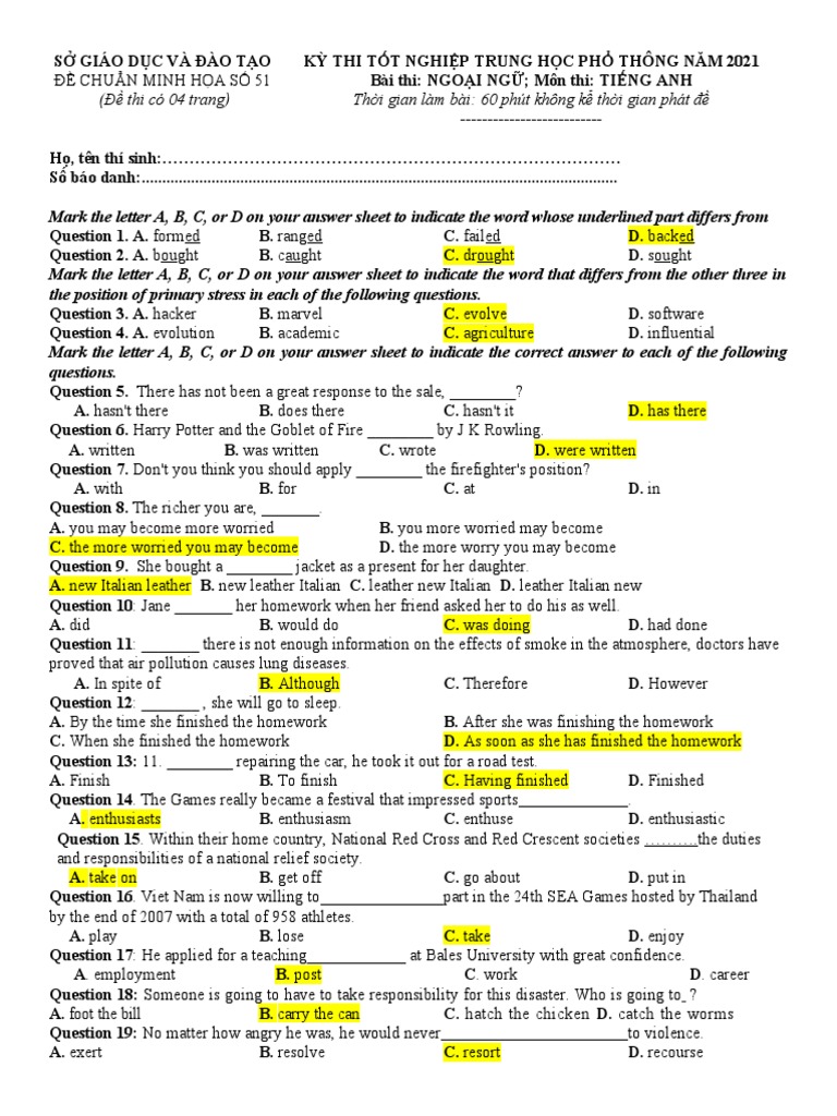 51. MH 51 2021 File word có lời giải chi tiết | PDF | Homeschooling | Tiger