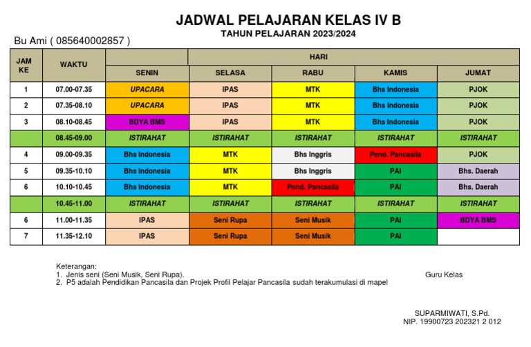Jadwal Pelajaran Kelas IV 2023/2024 | PDF