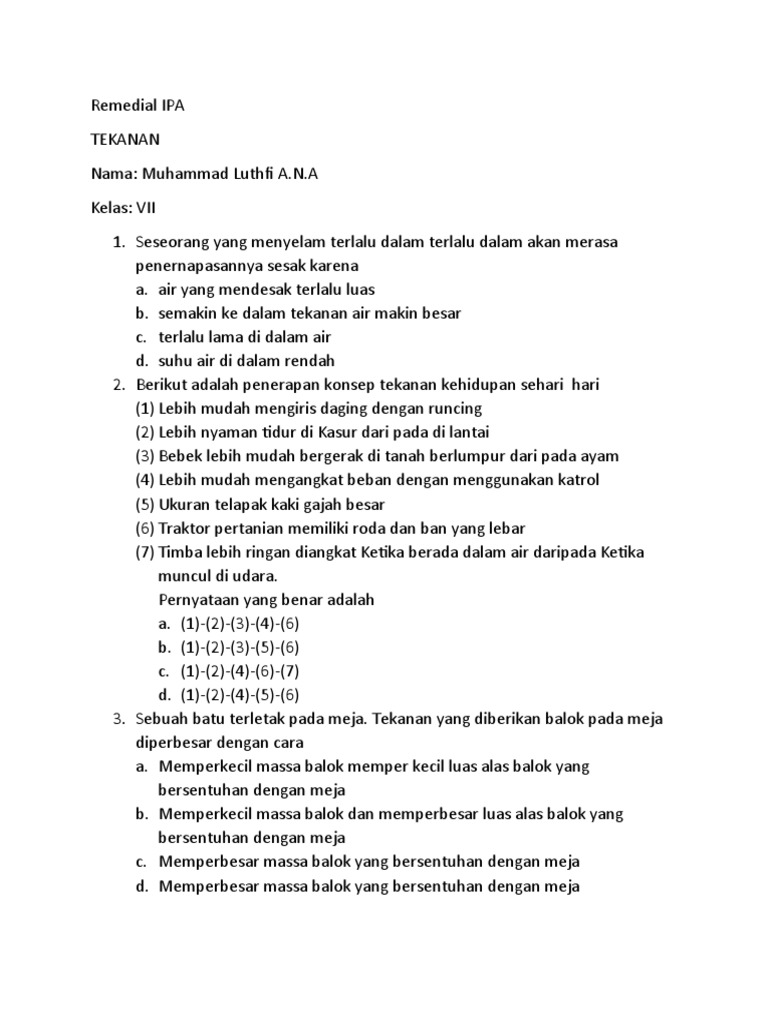 Soal Remedial Tekanan Kelas VII | PDF