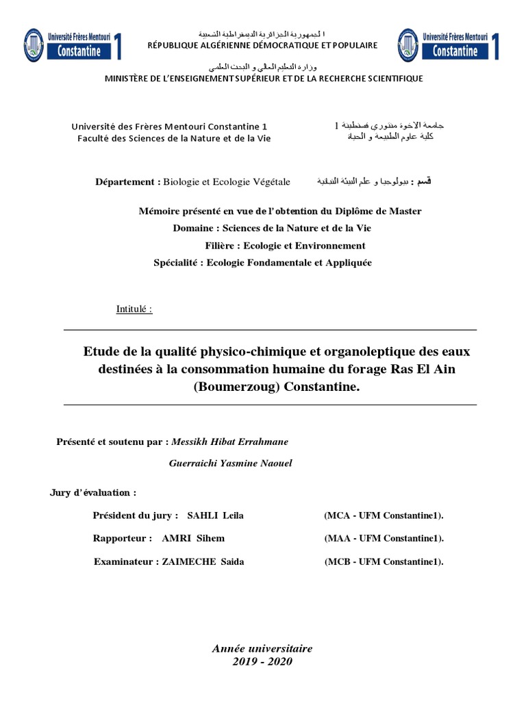 Etude de La Qualité Physico-Chimique Et Organoleptique Des Eaux ...