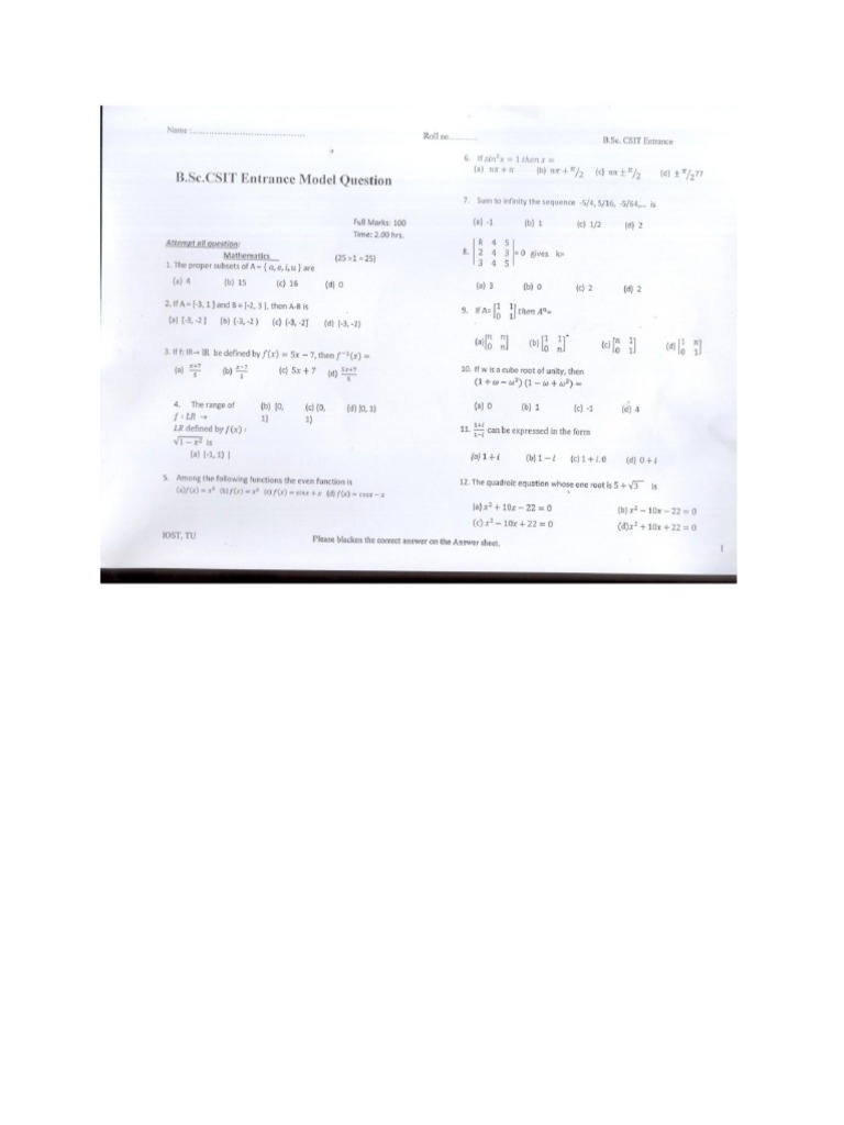 BScCSIT Entrance Exam Model Question | PDF