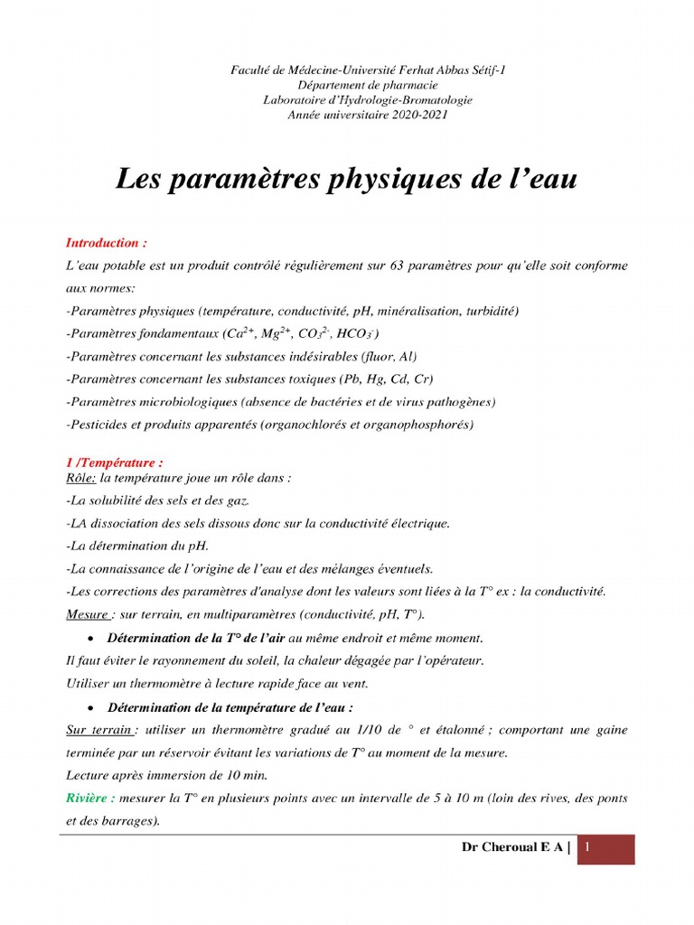 Les Paramètres Physiques de L'eau 5ème Année Pharcie | PDF