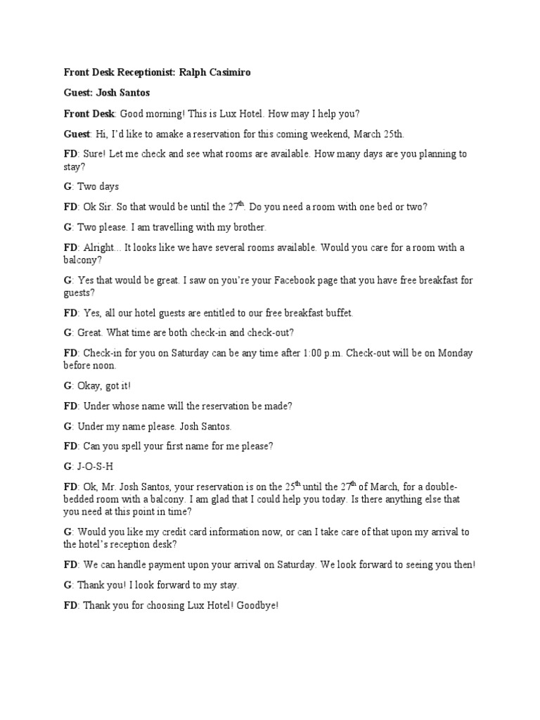 Hotel Reservation Via Telephone Script | PDF