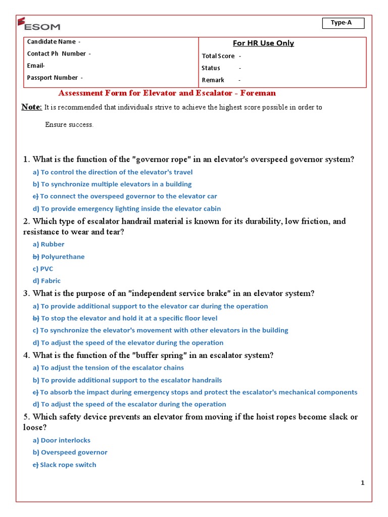 Elevator and Escalator Assessment Form | PDF | Elevator | Escalator