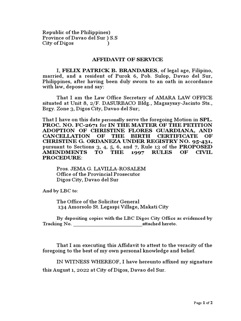 Affidavit of Service - motion | PDF | Affidavit | Document