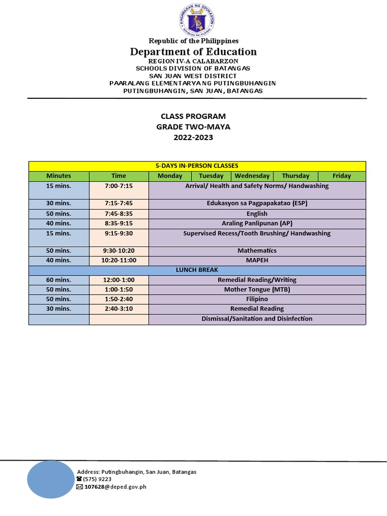 5 Days Class Program S.Y. 2022 2023 | PDF
