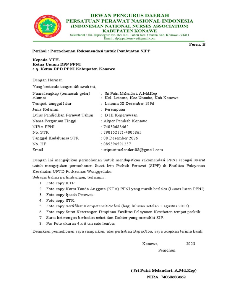 Format Rekomendasi SIPP - Form. B 2022 | PDF