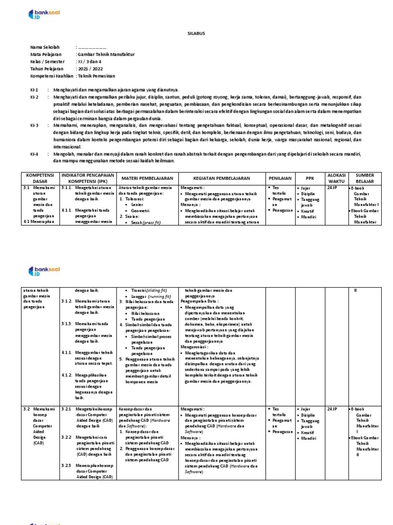 Silabus Gambar Teknik Manufaktur Kelas Xi Tahun 2021 2022 | PDF