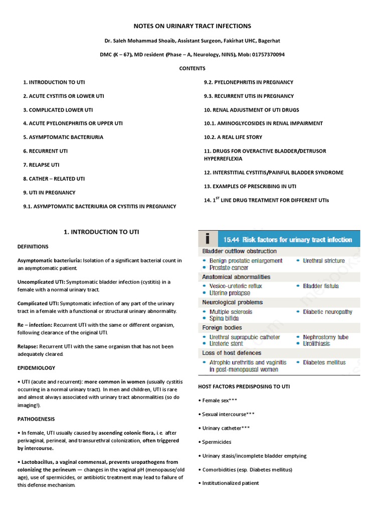 Notes On Uti | PDF | Urinary Tract Infection | Clinical Medicine