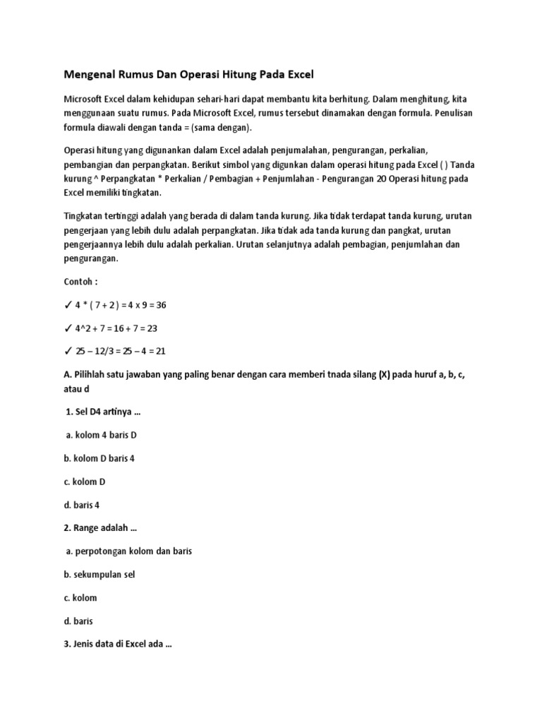 Mengenal Rumus Dan Operasi Hitung Pada Excel | PDF