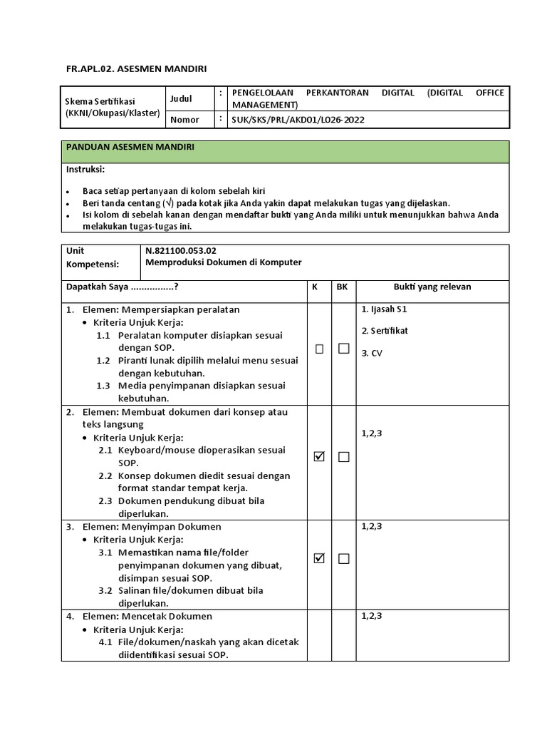 FR - Apl.02. Asesmen Mandiri | PDF