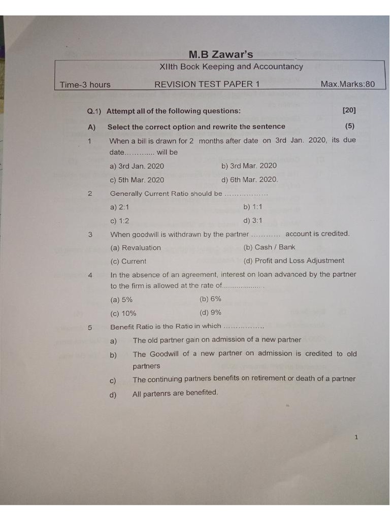 Accounts Revision Test Paper 1 | PDF
