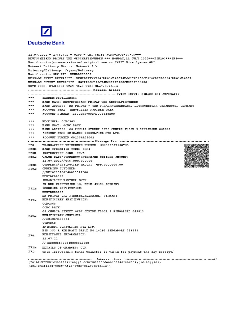 Deutsche Bank SWIFT Transfer Receipt | PDF | Financial Technology ...