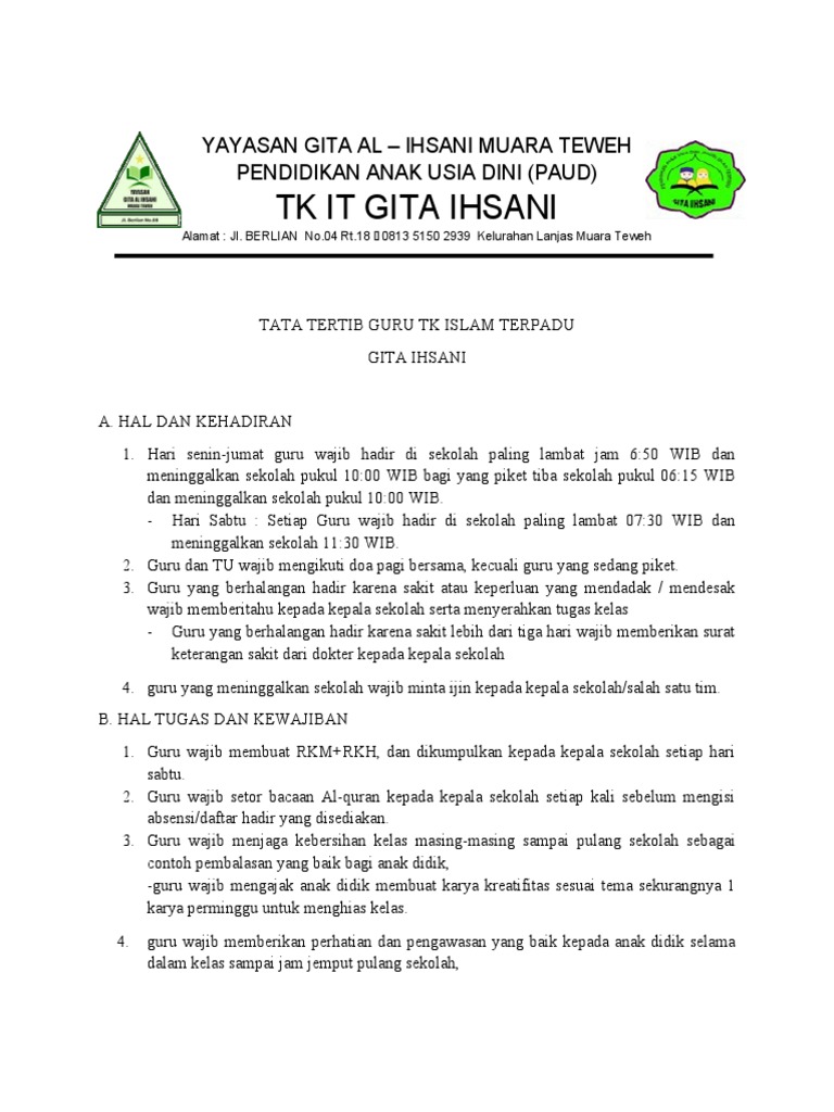 Tata Tertib Guru TK Islam Gita Ihsani | PDF