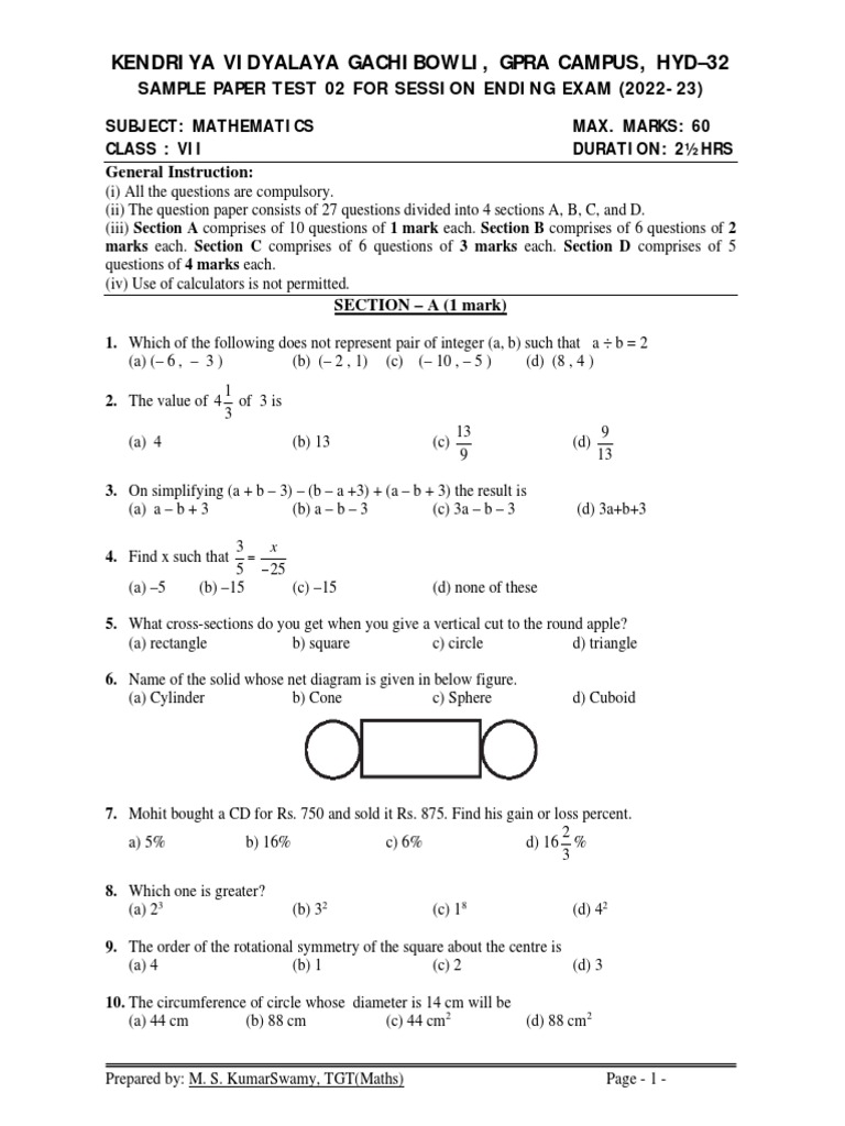 Class 7 Maths Sample Paper 2023 | PDF | Area | Circle
