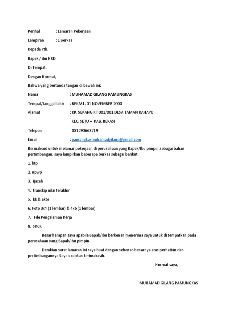 Surat Lamaran Muhamad Gilang | PDF