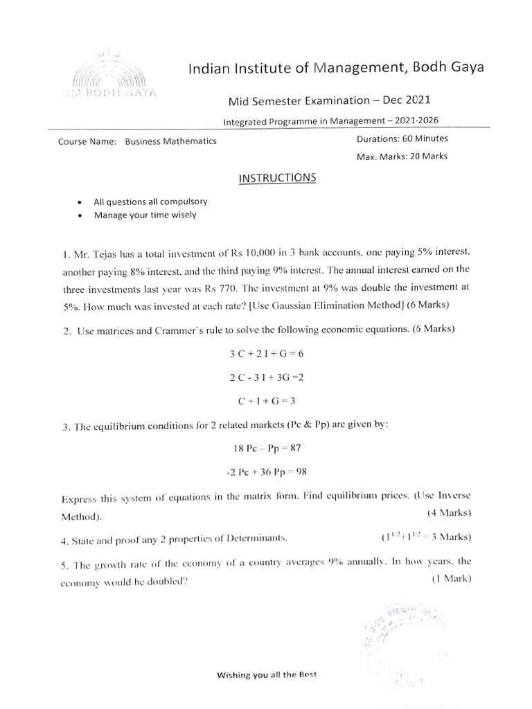BM Mid Semester Examination 2021 | PDF