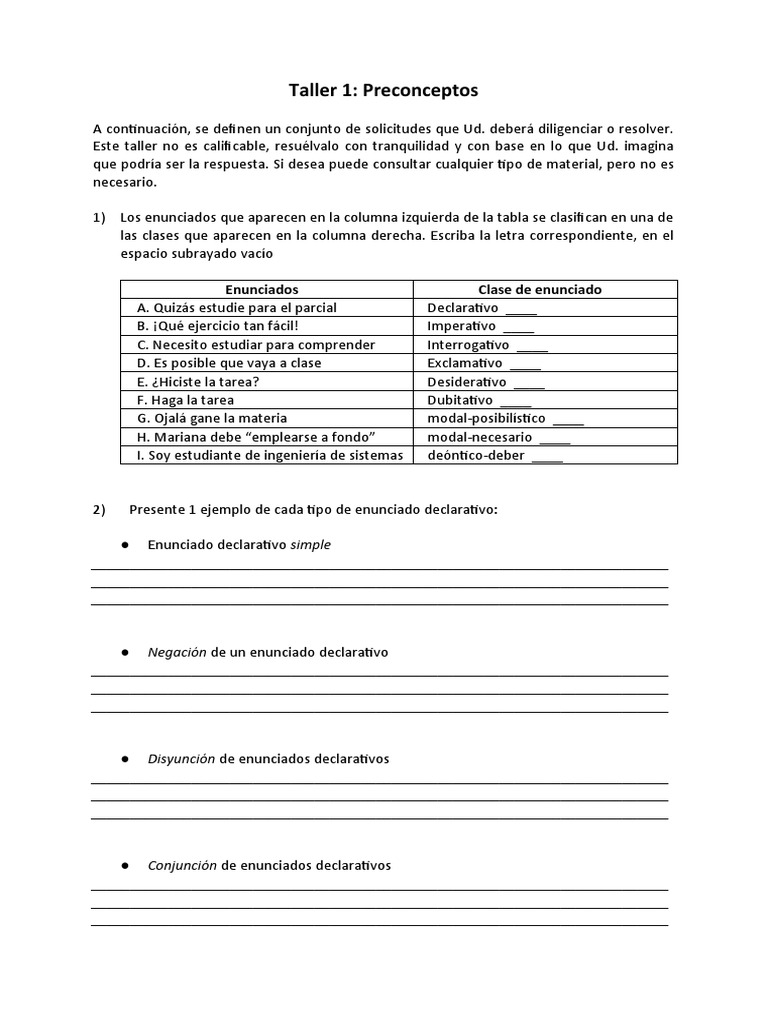 Taller 1 Preconceptos en Lógica | PDF | Lógica