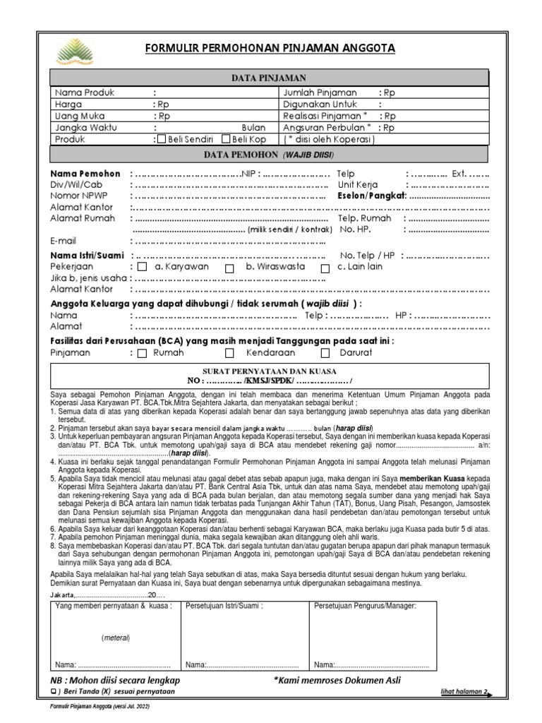 Formulir Pinjaman Anggota (Versi Juli 2022) | PDF