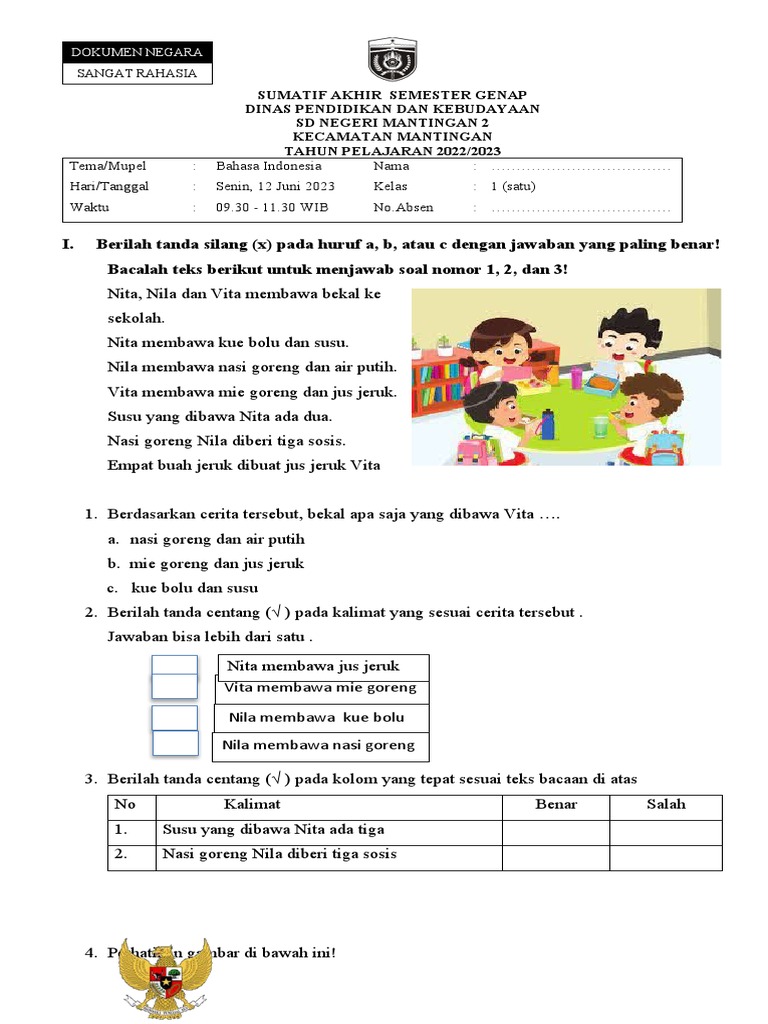 Kelas 1 - Bahasa Indonesia - Asesmen Sumatif Akhir Semester Genap 2023 | PDF