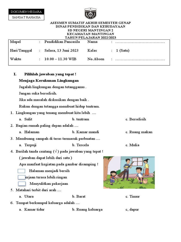 Kelas 1 - PKN - Asesmen Sumatif Akhir Semester Genap 2023 | PDF