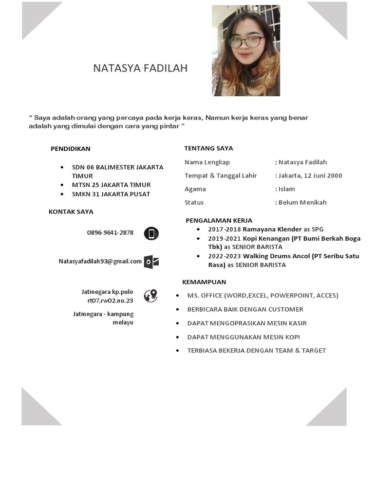 CV NATASYA FADILAH Paling Baru Aaa | PDF