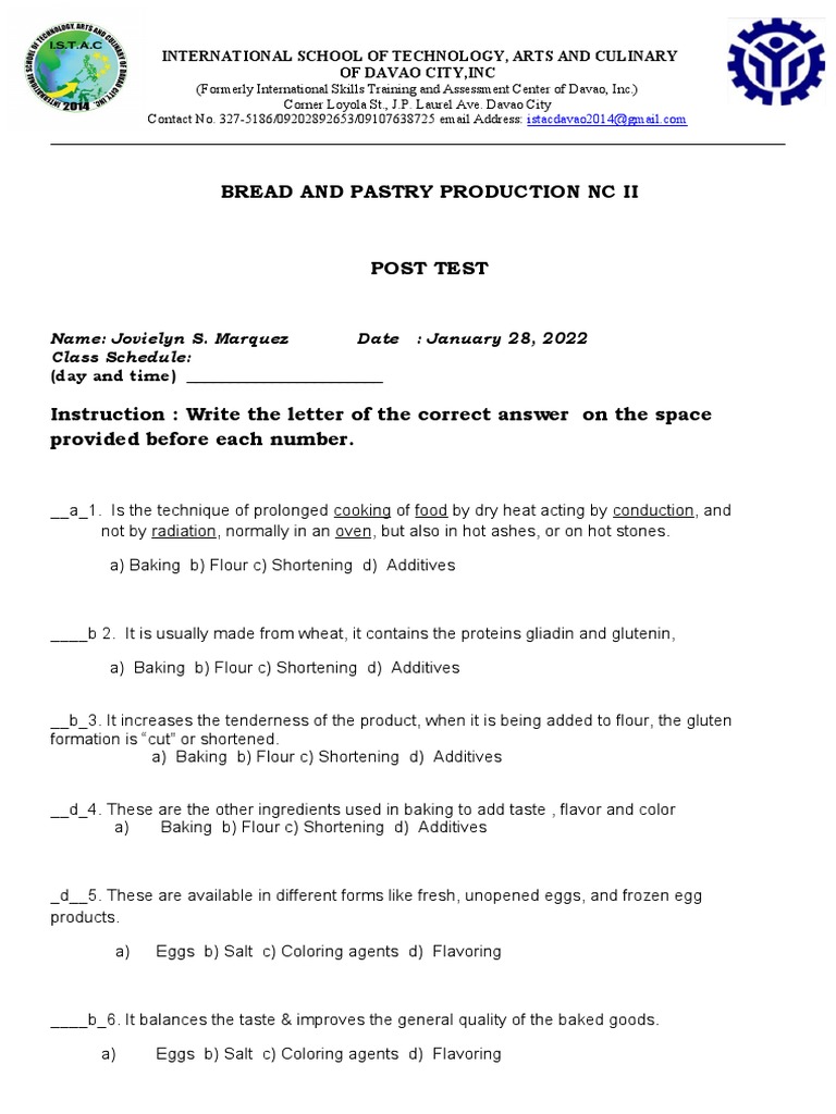 BPP Post Test | PDF | Baking | Breads