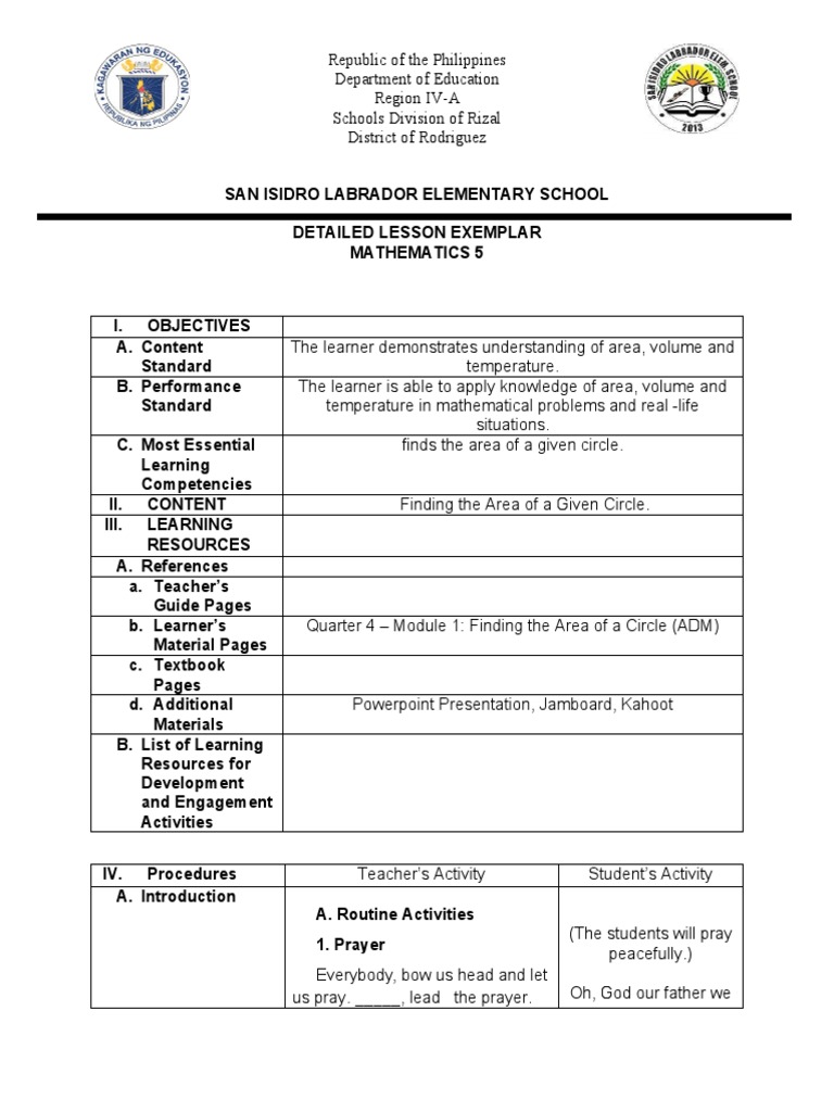 Lesson Exemplar Math Demo | PDF | Area | Circle