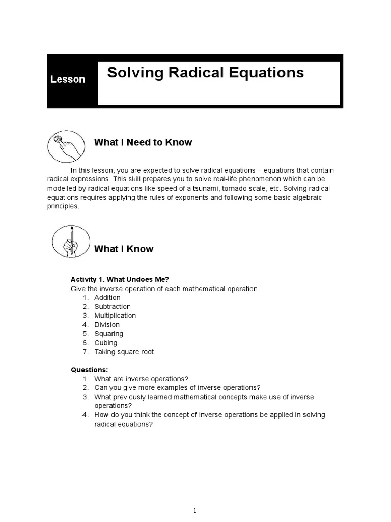 Math9 Q2 W9 Solving RAdical Equations Lesson and Activities - v2 | PDF ...