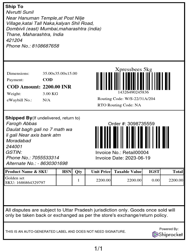 Shipping Label for Order #3098735559 | PDF