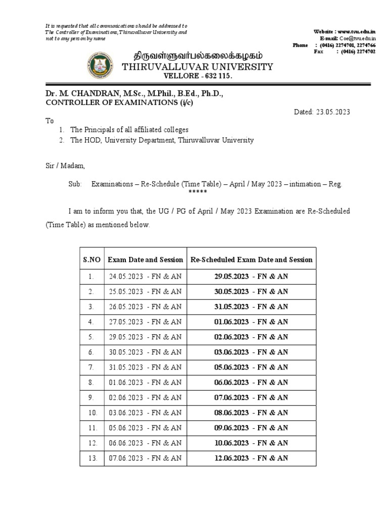 Re-Schedule (Time Table) - April - May 2023 - Intimation - Reg. | PDF