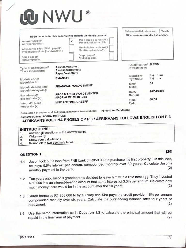 NWU BMAN311 Assessment Test | PDF