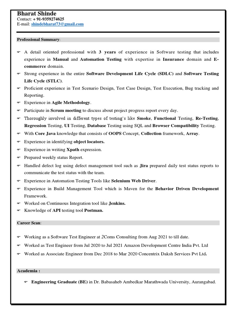 Bharat Shinde Automation Tester | PDF | Software Testing | Software ...